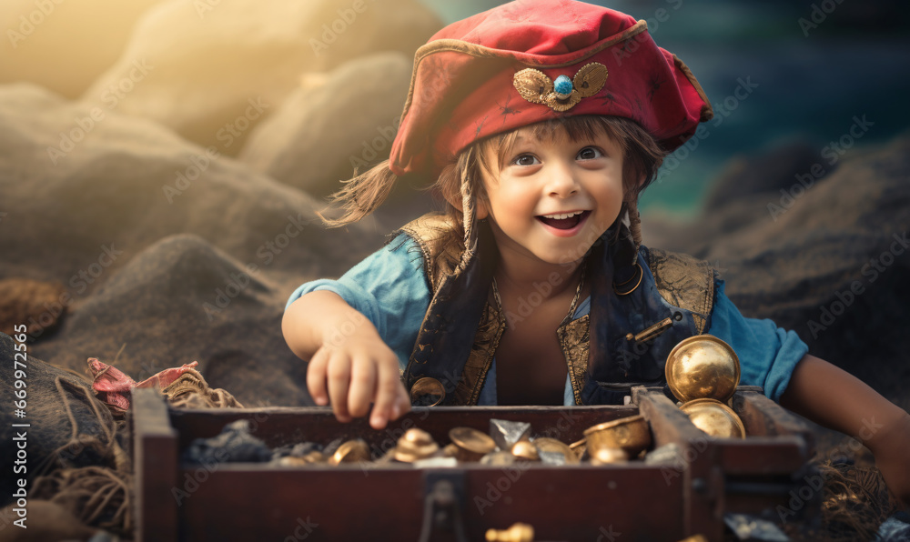 A little boy in a pirate outfit is happy because he just found a pirate ...