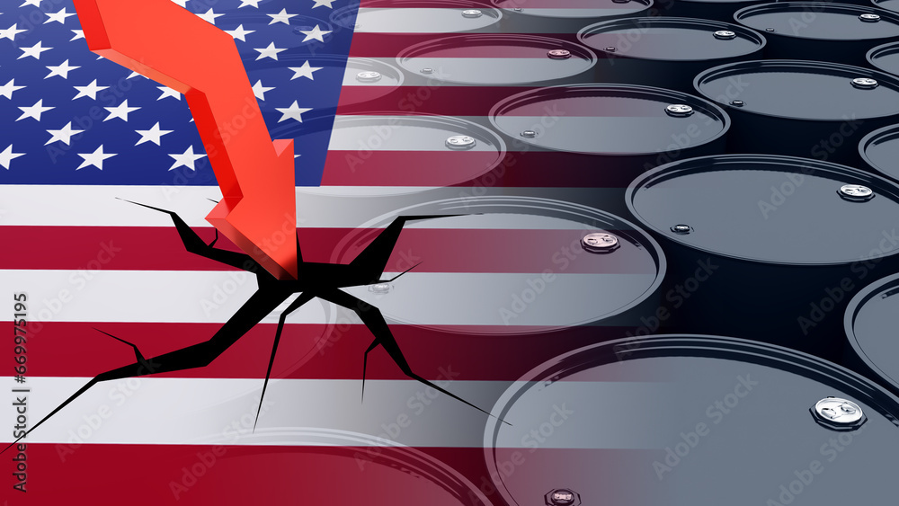 Oil crisis in USA. America flag with red arrow down. Barrels for ...