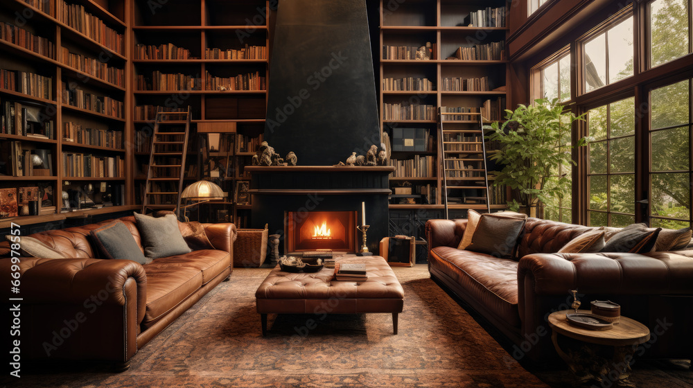 Luxurious Modern Library with Floor-to-Ceiling Bookshelves and Cozy ...