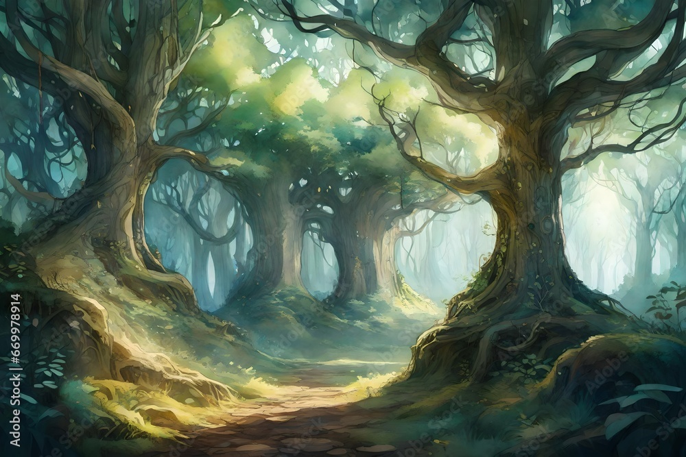 A dense, mystical forest in a fantasy realm, with ancient trees ...