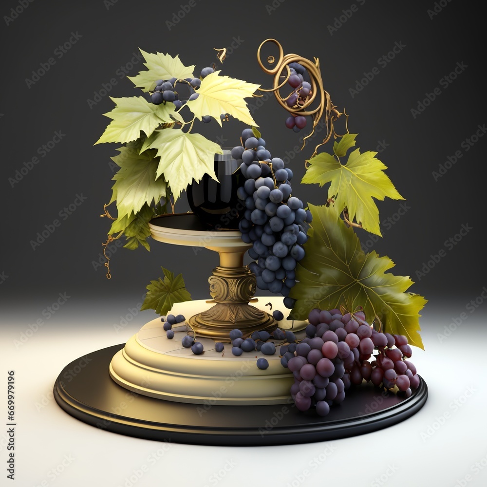 Grapes with vine and leaves, podium platform and product display, wine ...
