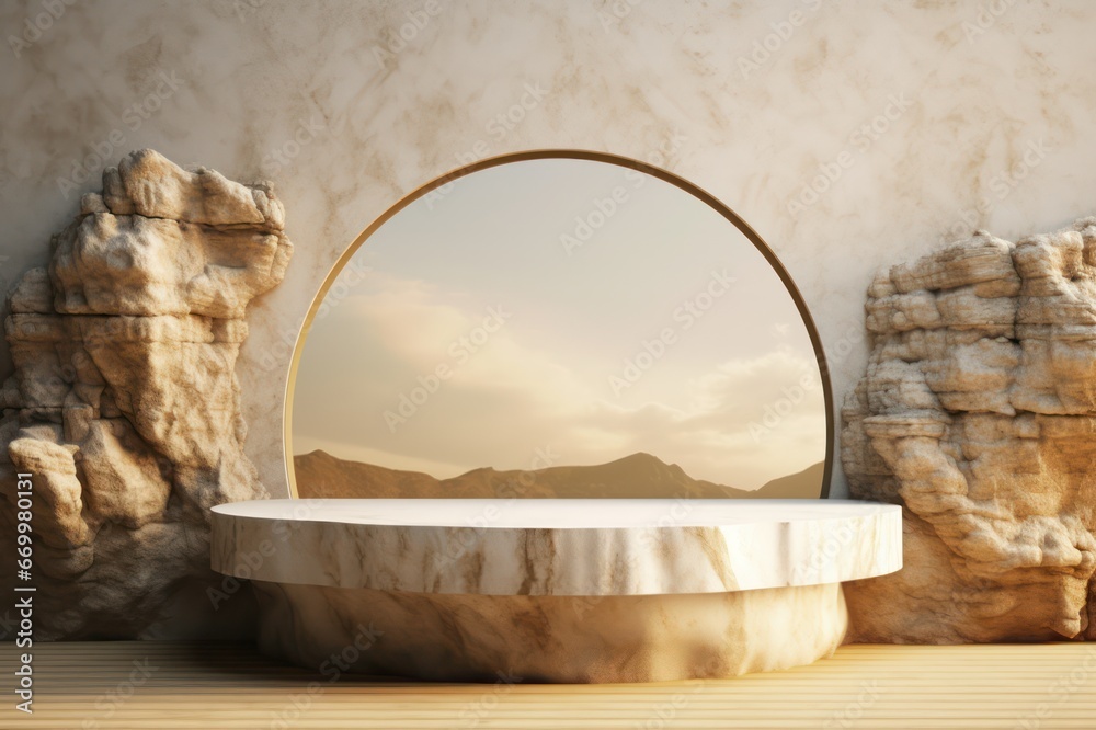 scenic gypsum arch frame natural stone podium 3d rendering. Pedestal ...