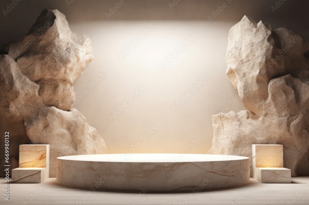 scenic gypsum arch frame natural stone podium 3d rendering. Pedestal ...