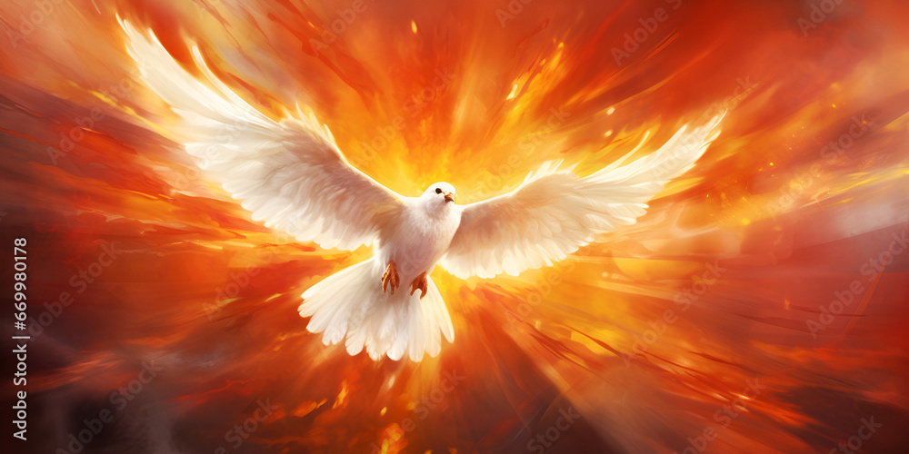 Flying white dove with fire effect on dark background generative AI ...