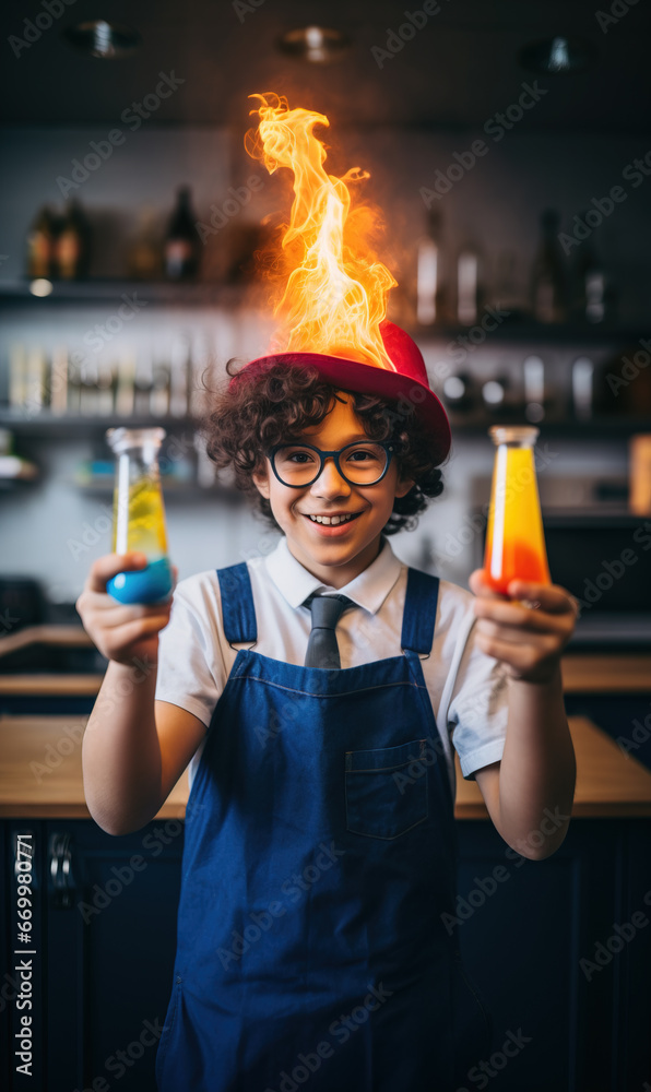 Experiment gone wrong with excited smart kid with hat on fire in chemistry class Stock Photo ...