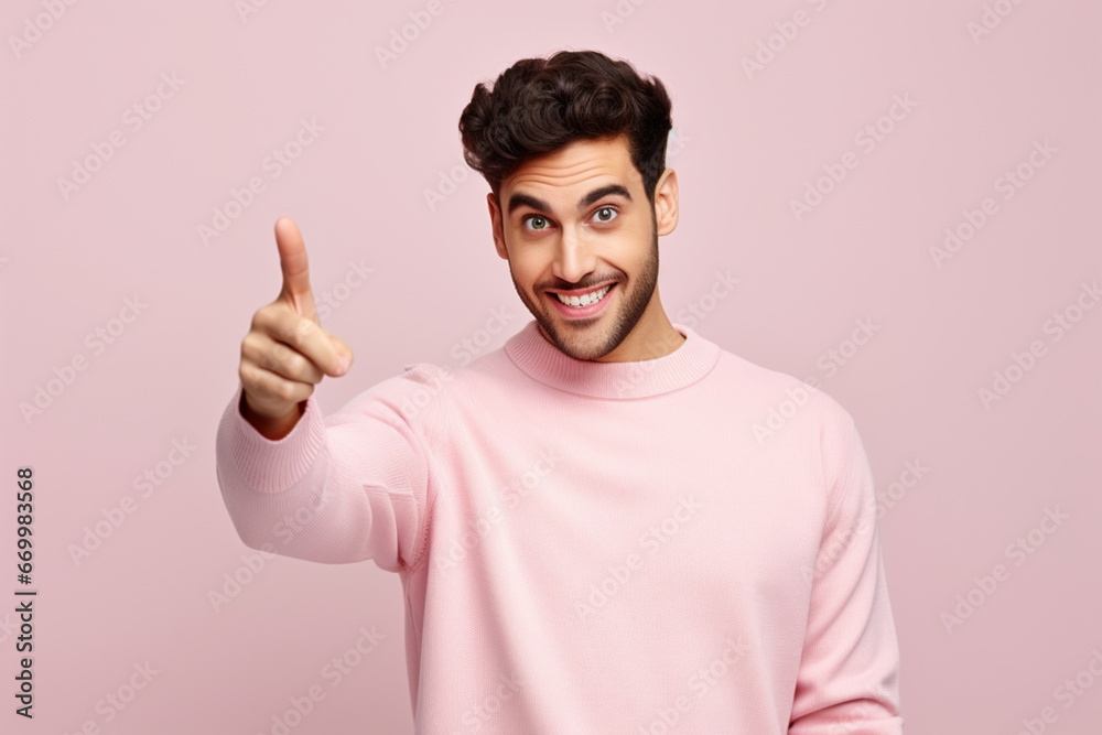 Man pointing down and looking at camera showing place for presentation ...