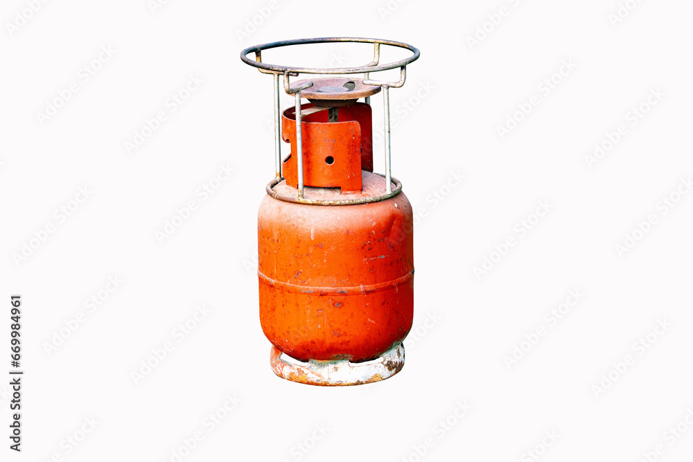 Watch out danger from old small gas tank rusty bottle orange. Isolated ...