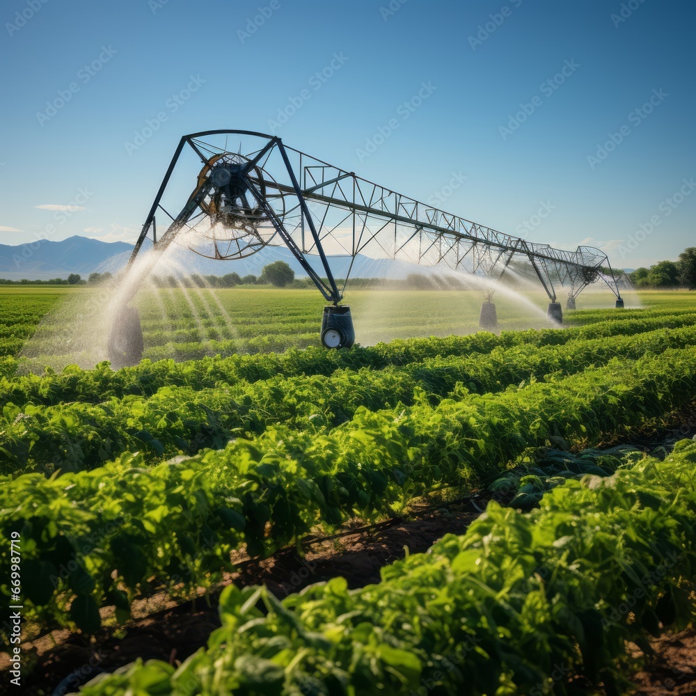 A detailed close-up reveals the efficiency of a modern irrigation pivot ...