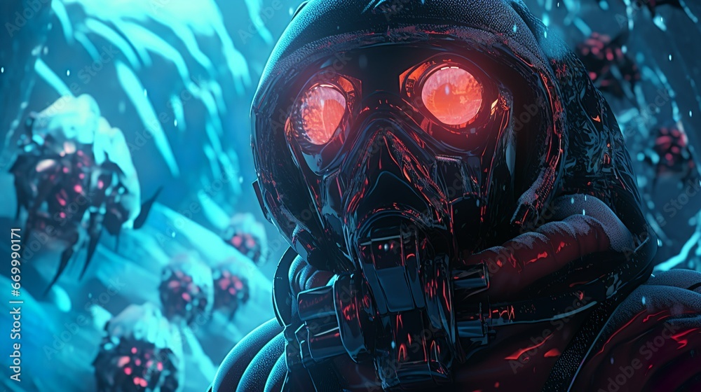 Futuristic explorer wearing a sci-fi helmet in a frozen landscape Stock ...
