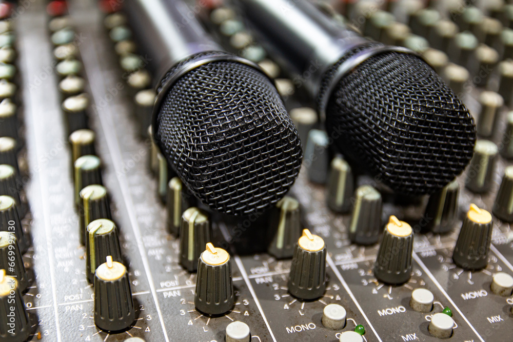 Wireless microphone is placed in the control room and records sound ...