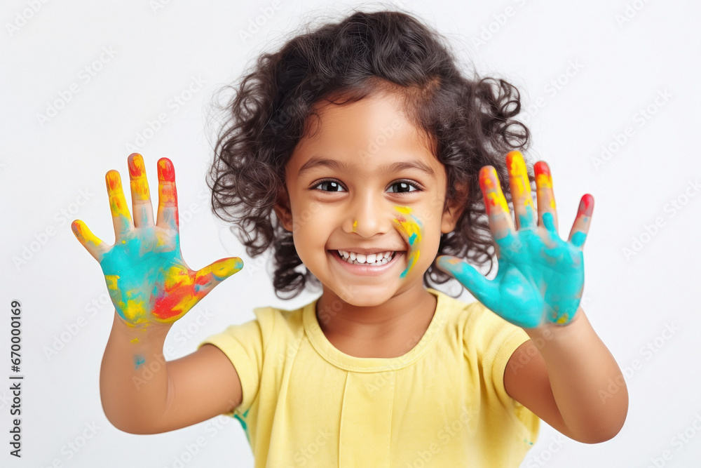 Indian child showing hands full of colors Stock Photo | Adobe Stock