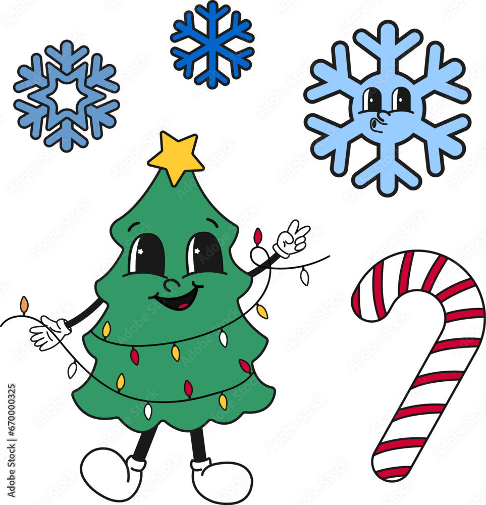 vector set of christmas elements. cute cartoon retro groovy style ...