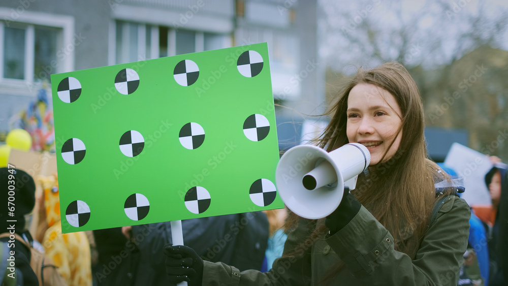 Girl with megaphone scream. Female feminist demonstration. Loudspeaker ...