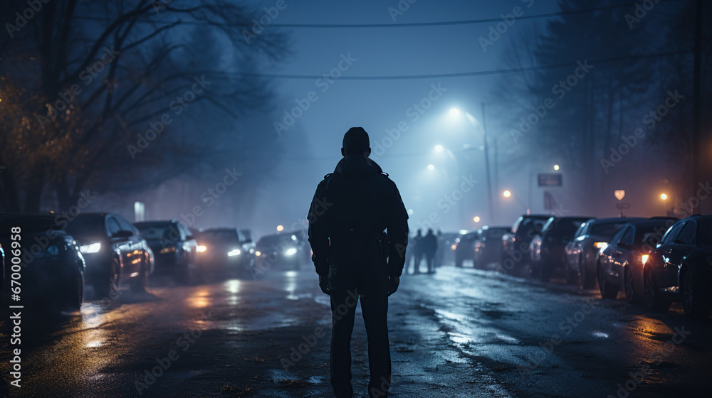 Man standing in smog in front of police car at night Stock Photo ...