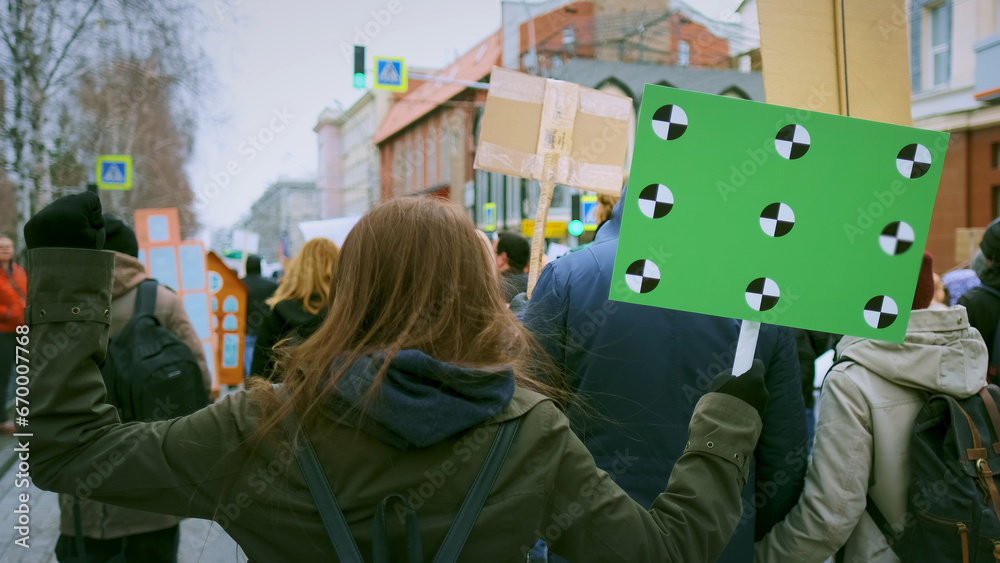 Happy friendly woman. Blank banner in hand. Lesbian lgbt flag. Tracking ...