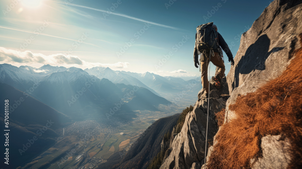 Adventurous hiker ascending a rocky mountain ridge at sunrise ...
