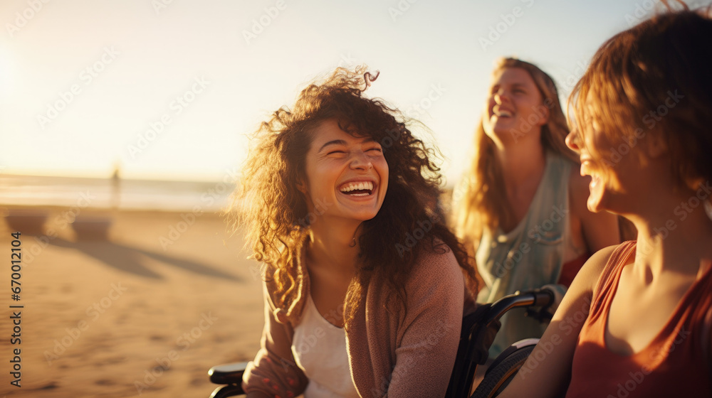 Girl in a Wheelchair smile happiness with friends in summertime. Joyful ...