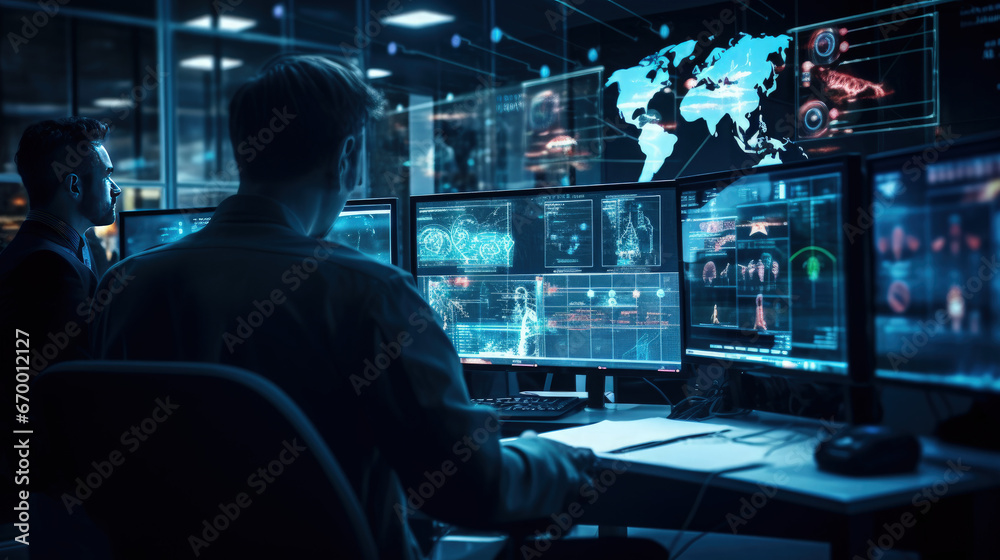 Cybersecurity professionals monitoring digital data on screens. Stock ...