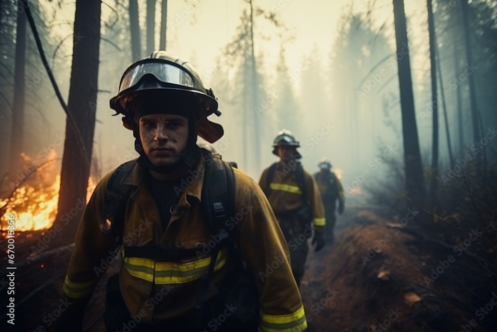 Establishing Shot: Team of Firefighters in Safety Uniform and Helmets ...