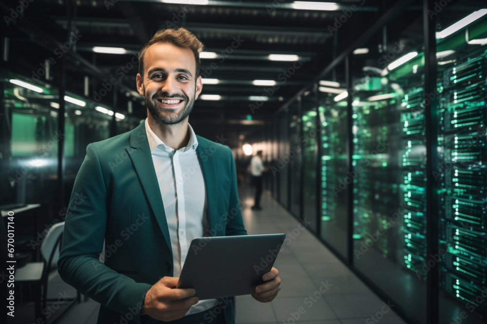 Handsome Smiling on Camera IT Specialist Using Laptop Computer in Data ...