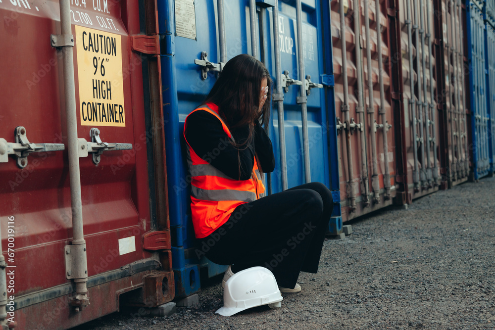 Frustrated and tired engineer woman sitting on ground in shipping ...