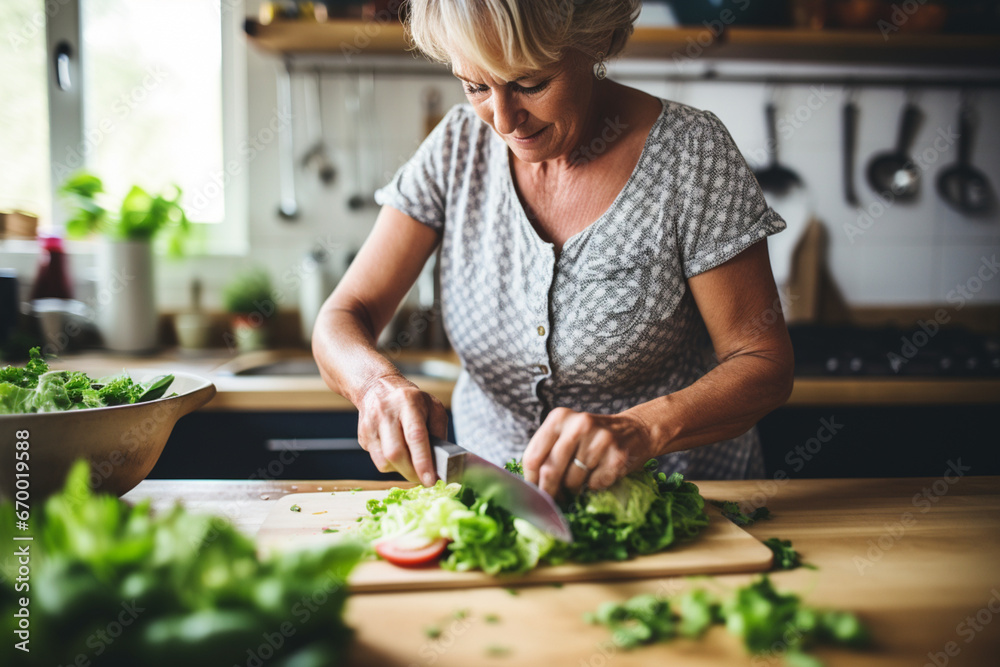 Mature woman, cooking and cutting salad leaf in house and home kitchen ...