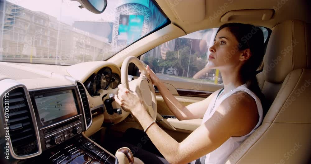 Woman, driving and dashboard with navigation system, search or location ...