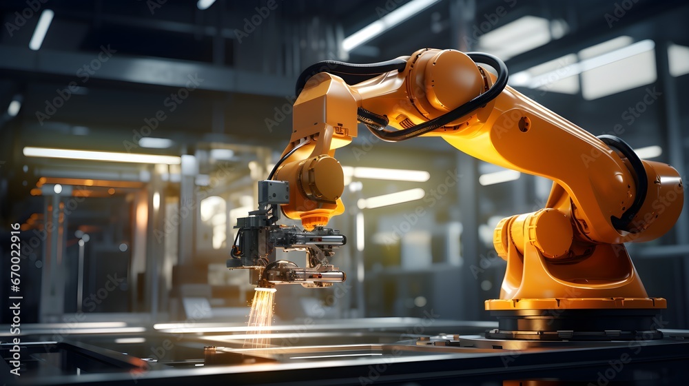 Robotic arm precision, medium shot of a robotic arm picking and placing ...