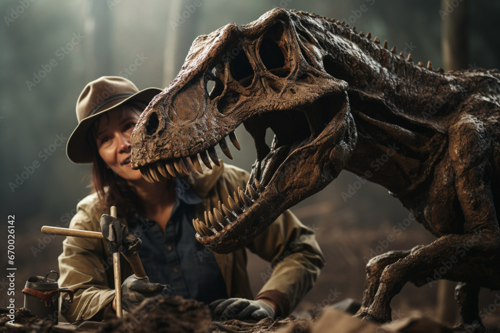 Portrait of Beautiful Paleontologist Cleaning Tyrannosaurus Dinosaur ...