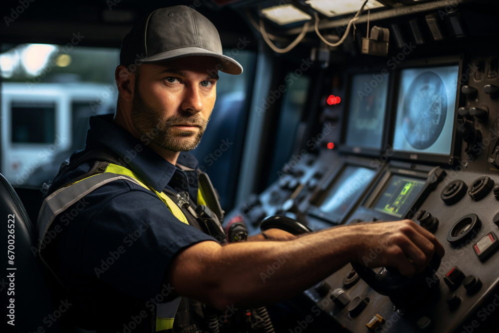 Portrait of Caucasian train driver sitting in driver's seat of subway ...