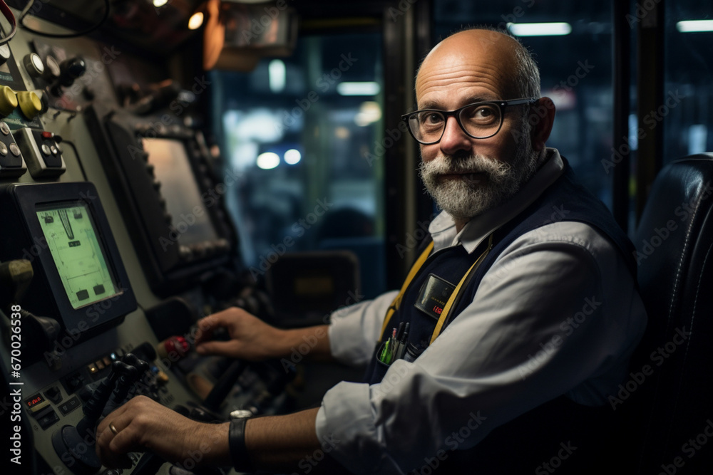 Portrait of Caucasian train driver sitting in driver's seat of subway ...