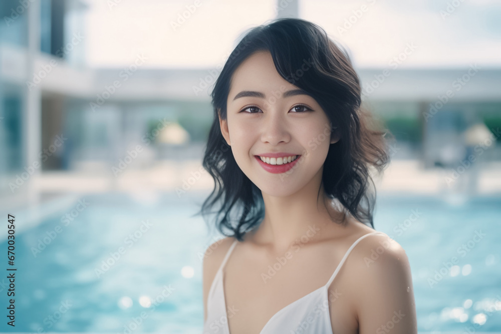 Beautiful Asian Woman, Close up on her face with Smooth skin look at ...