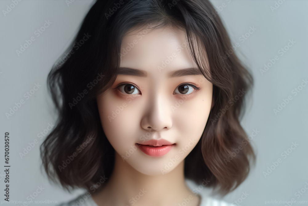 Beautiful Asian Woman, Close up on her face with Smooth skin look at ...