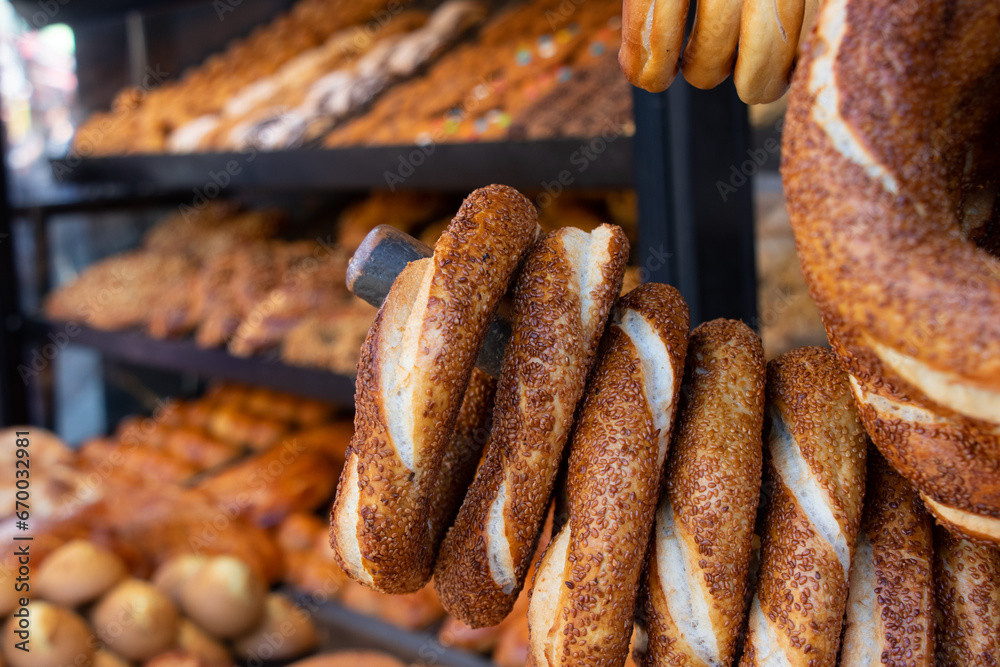 Traditional Turkish simit. Stacked turkish pastries as background ...