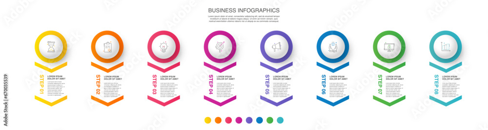 Vector business infographics template. Timeline with eight circle, icon ...