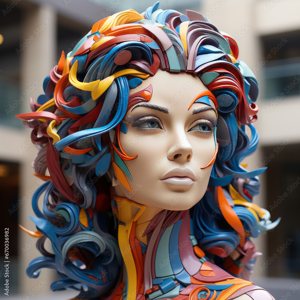 Detailed multi colored sculpture of a woman's face with intricate wavy ...