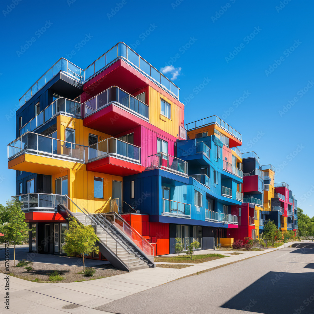 Modern colorful apartment complex with a layered design, showcasing ...