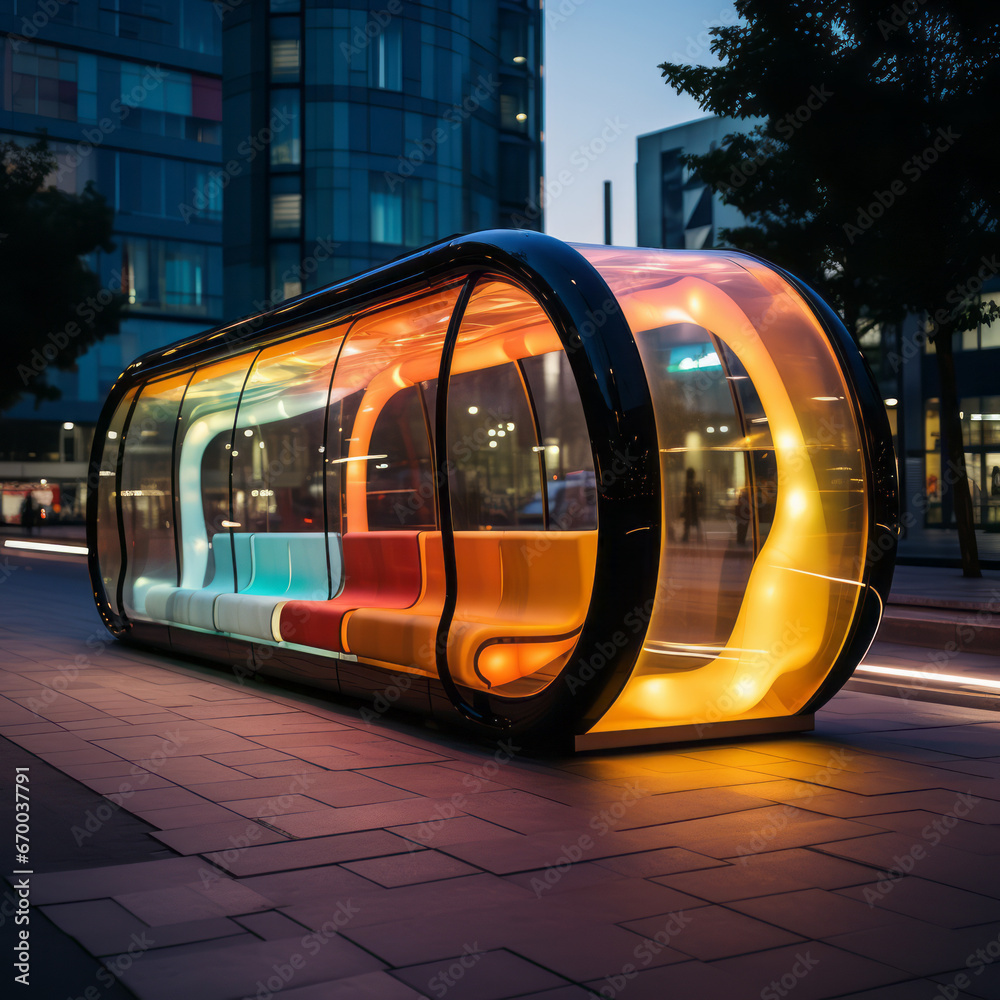 Illuminated futuristic bench on city sidewalk at dusk, surrounded by ...