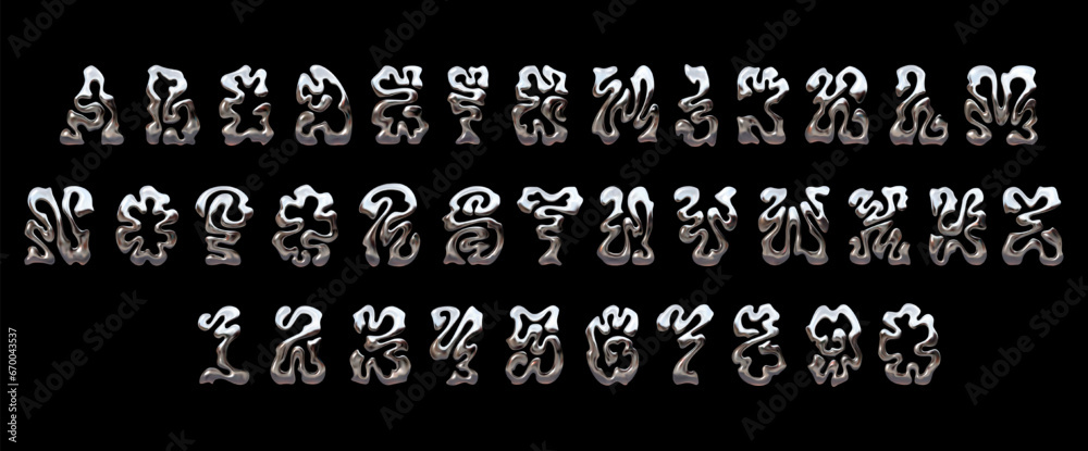 Chrome Y2K font, liquid metal vector alphabet with English letters and ...