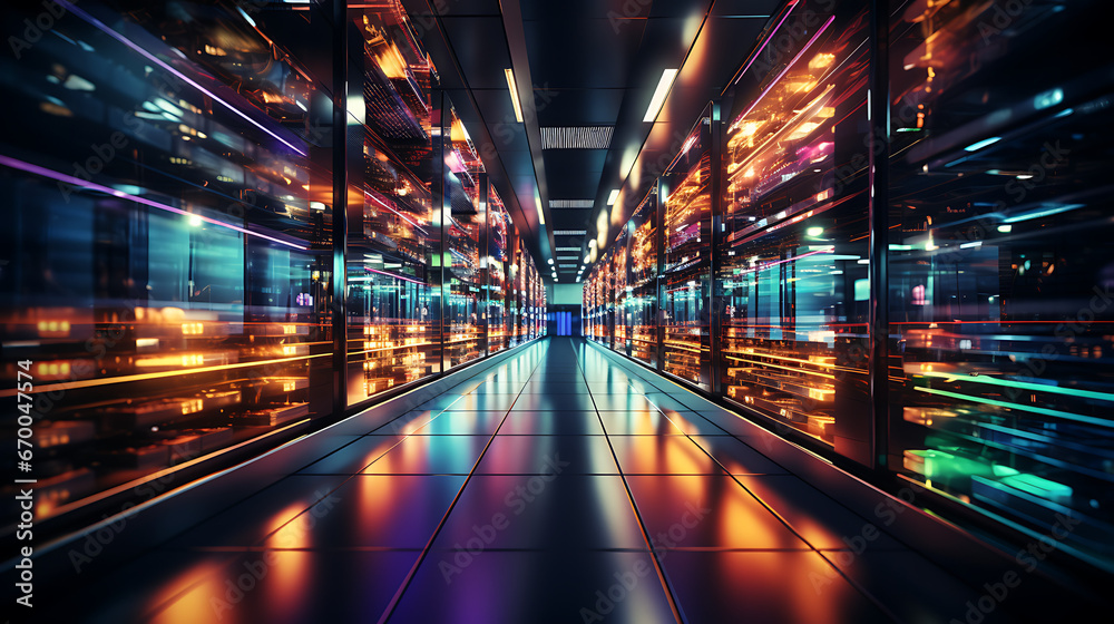 Data Center Server Room. Network Communication, Colorful Neon Server ...