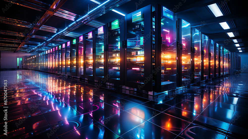 Data Center Server Room. Network Communication, Colorful Neon Server ...