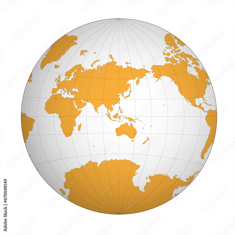 Simplified Map of World in the circle focused on Asia and Australia ...