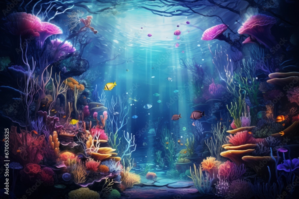 Beautiful seabed with colorful fish and coral reef. A postcard from the ...