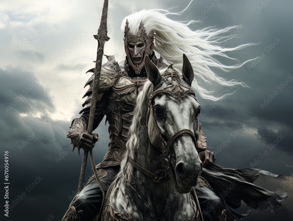 White horseman of apocalypse warrior in golden armor riding white horse ...