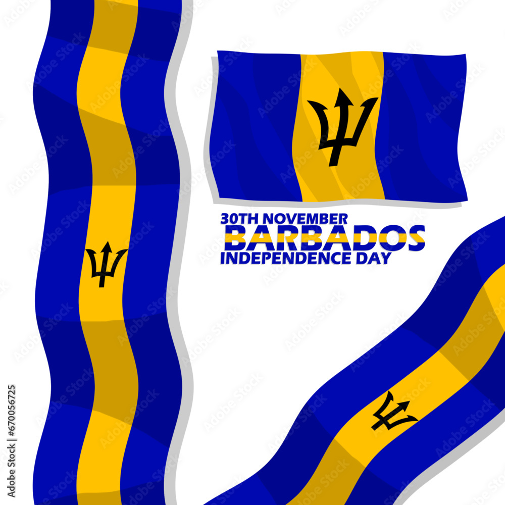 Barbados flag flying with ribbons and bold text on white background to ...