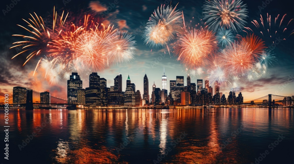 Fireworks lighting up the night sky over an iconic city skyline Stock ...