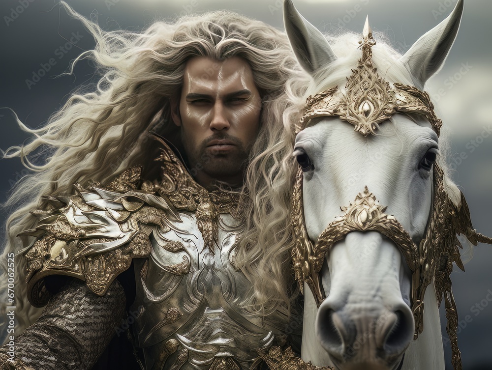 White horseman of apocalypse warrior in golden armor riding white horse ...