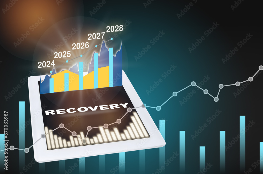 2024 to 2028 with growth graph on computer tablet. Business recovery ...