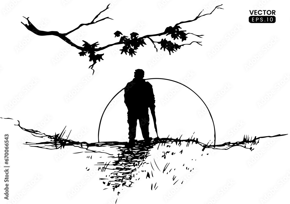 Landscape sketch sunset. Hand drawn illustration converted to vector ...