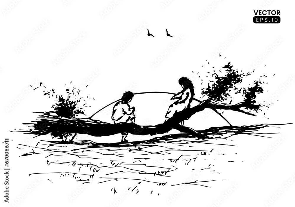 Landscape sketch sunset. Hand drawn illustration converted to vector ...